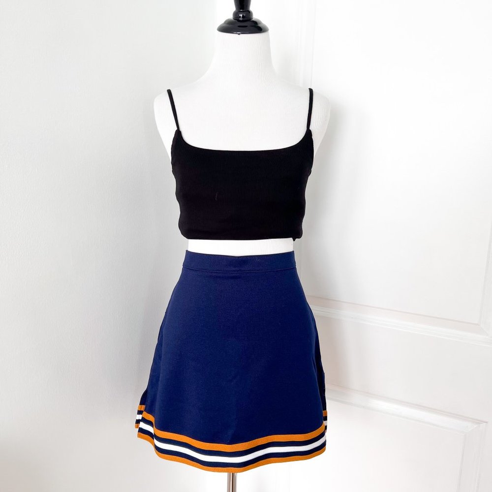 Navy Blue And Orange Side Slit Cheerleading Mini Skirt - Gem